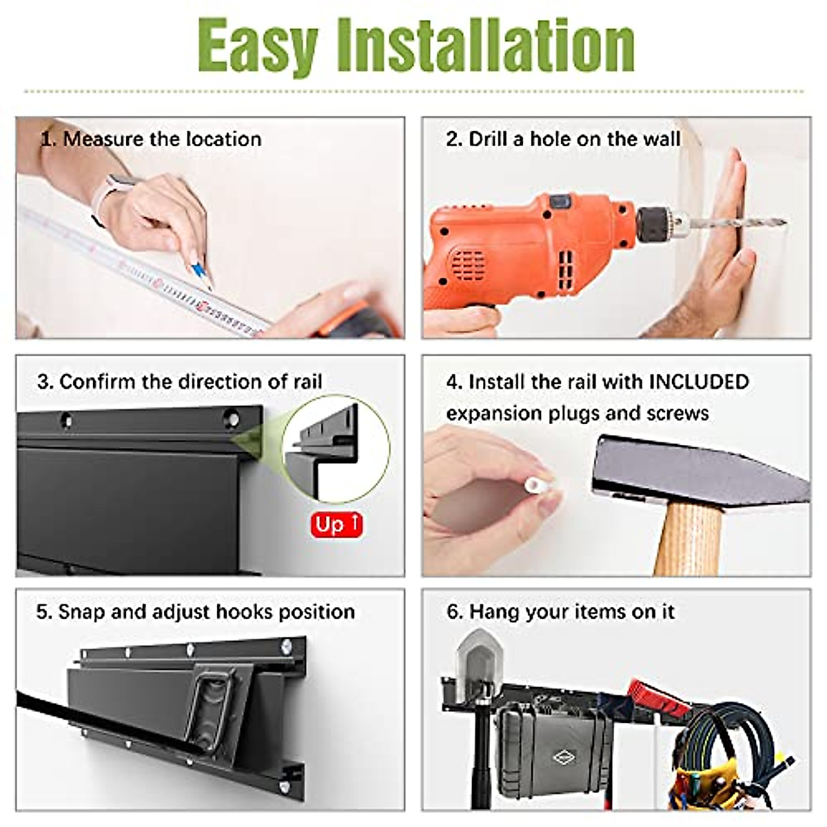 Housolution Heavy Duty Tool Storage Rack 48 Inch Garage Tool Organizer Storage System Max 264 lbs, 3 Rails with 6 Adjustable Wall Hooks, Tool Holder Wall Mount for Warehouse, Basement, Workshop