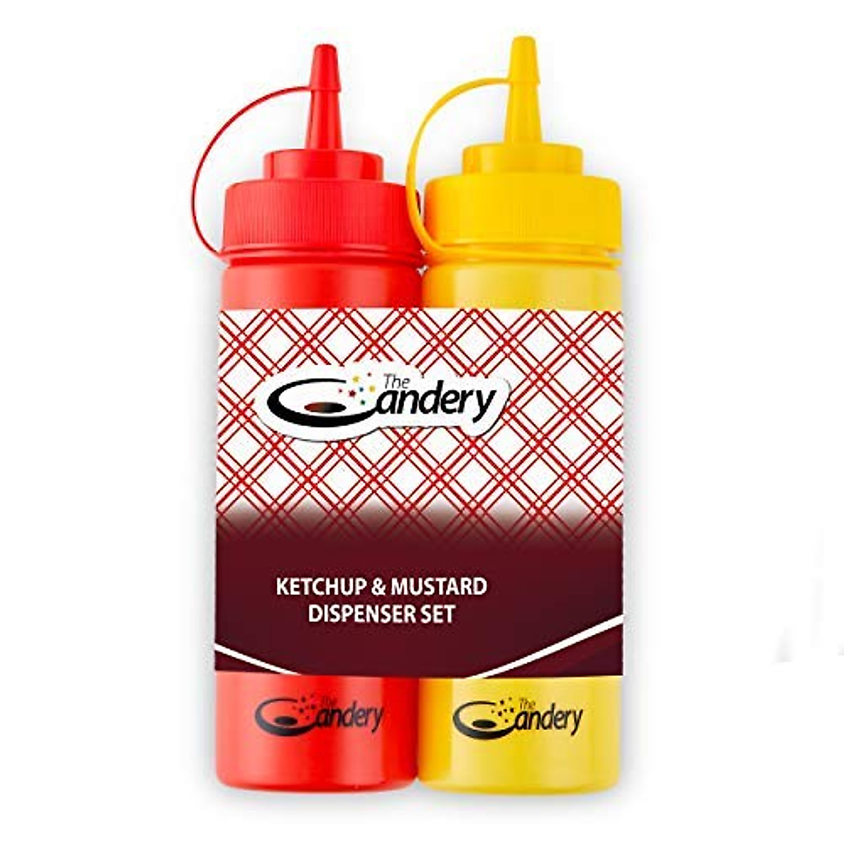 The Candery All-in-One Hot Dog Accessories Set- Ketchup & Mustard Squeeze Bottles - BBQ Tongs - 50 Red/White Hot Dog Trays for Carnivals, BBQs, Picnics, Concession Stands (Tongs,Trays Squeeze Bottles)