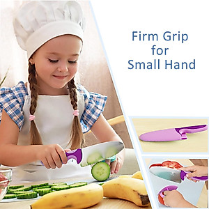 Kids Knife for Real Cooking, Montessori Children's Knife with Firm Grip, Stainless Steel Kids Safety Chef Knife with Finger Guard, Round Tip, Serrated Edges, BPA-Free (Purple)