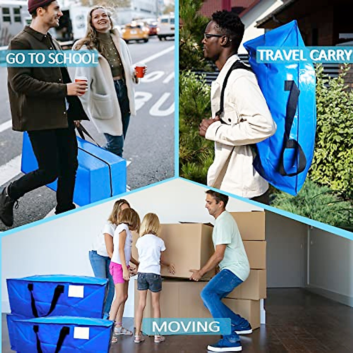 Heavy Duty Extra Large Storage Bags,Blue Moving Bags with Zippers &Carrying Handles Backpack Straps for Space Saving Moving Storage for Dorm College Moving Supplies Boxes, Clothes,4 Pack