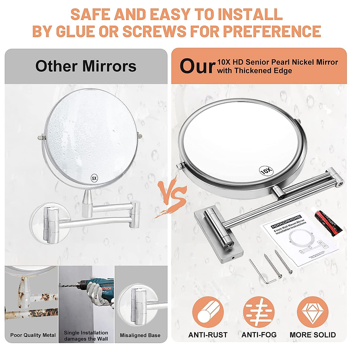 MIRRORMORE 8” Large Wall Mounted Makeup Mirror, Two-Sided 1X/10X Magnifying Mirror Extendable Long Arm, 360°Swivel Flexible HD Shower Mirror Fogless for Shaving, Fully Senior Nickel Bathroom Mirror