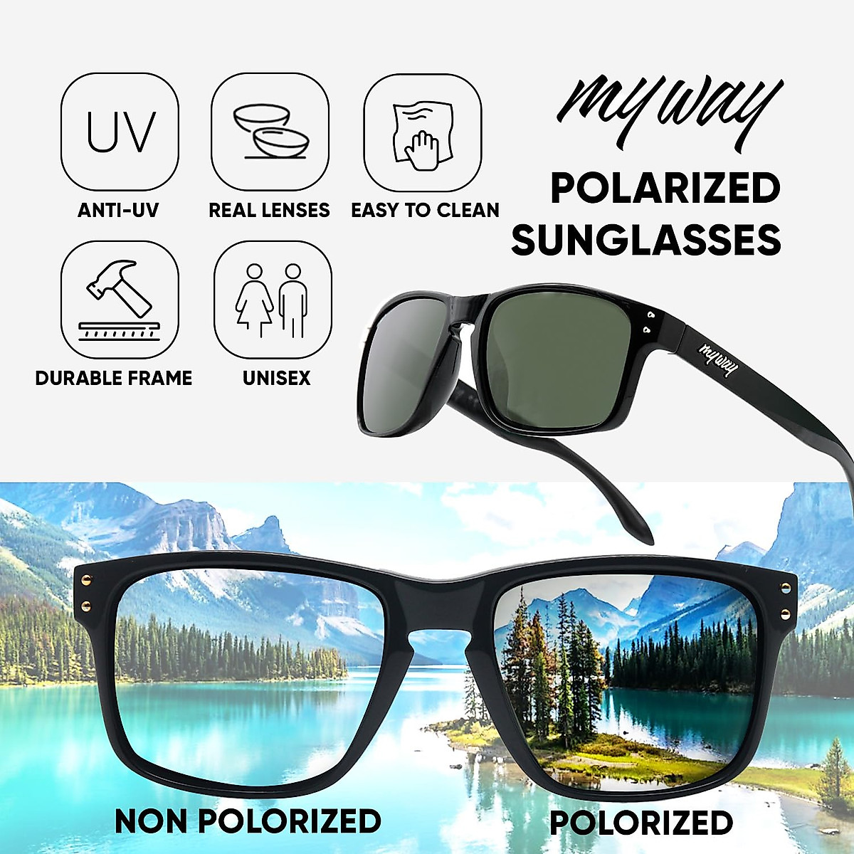 Myway Luxury Real Glass Polarized Sunglasses for Men Women Sun Glasses Green Polarized Lens Italian Style Driving Fishing Golfing (1 Pack)