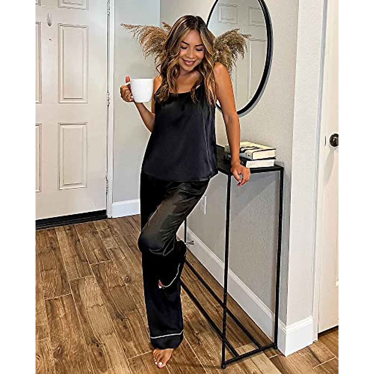 Ekouaer Silk Pajamas for Women Cami Top and Long Pants Sleepwear Cozy Pj Sleep Set with Pockets(Black,S)