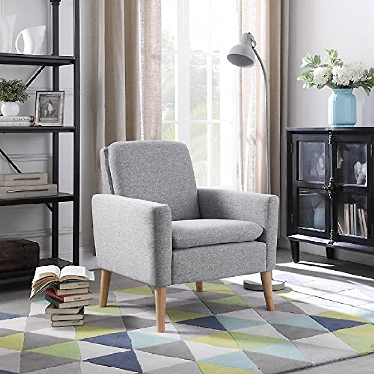 Lohoms Mid-Century Modern Accent Chair Fabric Upholstered Comfy Reading Arm Chair for Bedroom, Living Room Stuffed Seat Single Sofa Chair with Wood Legs - Grey