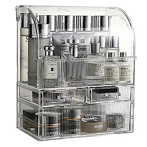 MOOCHI Clear Stripes Pattern Professional Large Cosmetic Makeup Organizer Dust Water Proof Cosmetics Storage Display Case with Drawers