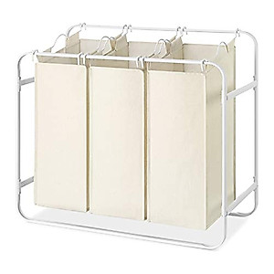 Whitmor Retro Triple 3 Removable Bags-White & Canvas Laundry Sorter, White/Canvas