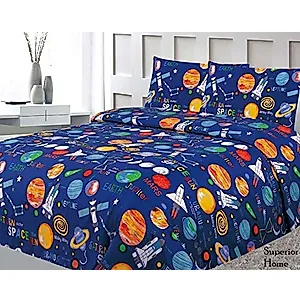 Sapphire Home 3 Piece Space Themed Twin Bed Sheets for Kids - Fitted Sheet, Kids' Sheet & Pillowcase Sets - Planets, Solar System Bedroom Kit - Toddler Bed Sheet - Twin Size