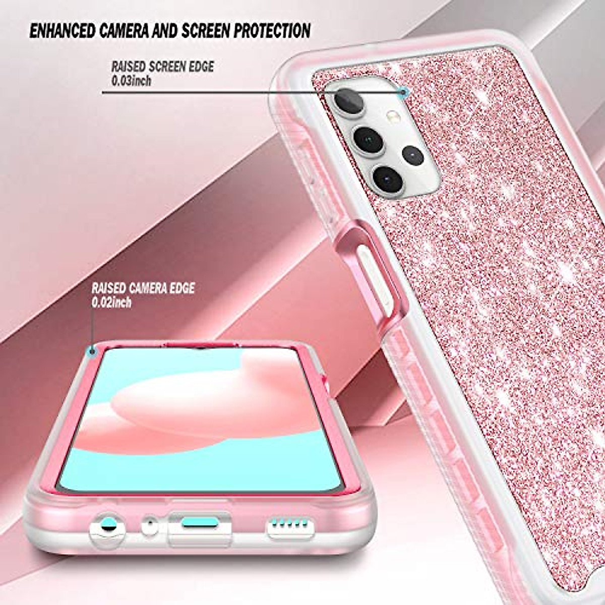 NZND Case for Samsung Galaxy A32 5G with [Built-in Screen Protector], Full-Body Protective Shockproof Rugged Bumper Cover, Impact Resist Durable Phone Case (Glitter Rose Gold)
