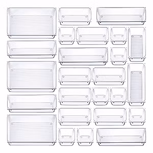 25 Pcs Drawer Organizer Set Dresser Desk Drawer Dividers - 4 Size Bathroom Vanity Cosmetic Makeup Trays - Multipurpose Clear Plastic Storage Bins for Jewelries, Kitchen Gadgets and Office Accessories