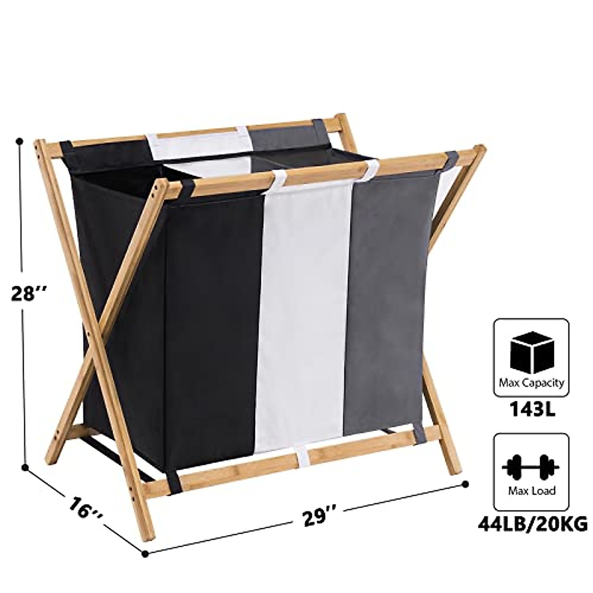 YOUDENOVA 143L Large Laundry Hamper Basket 3 Section, Waterproof Laundry sorter with 3 Compartments, Triple Divided laundry Organizer for Bedroom, Bathroom Organization, Black and Grey