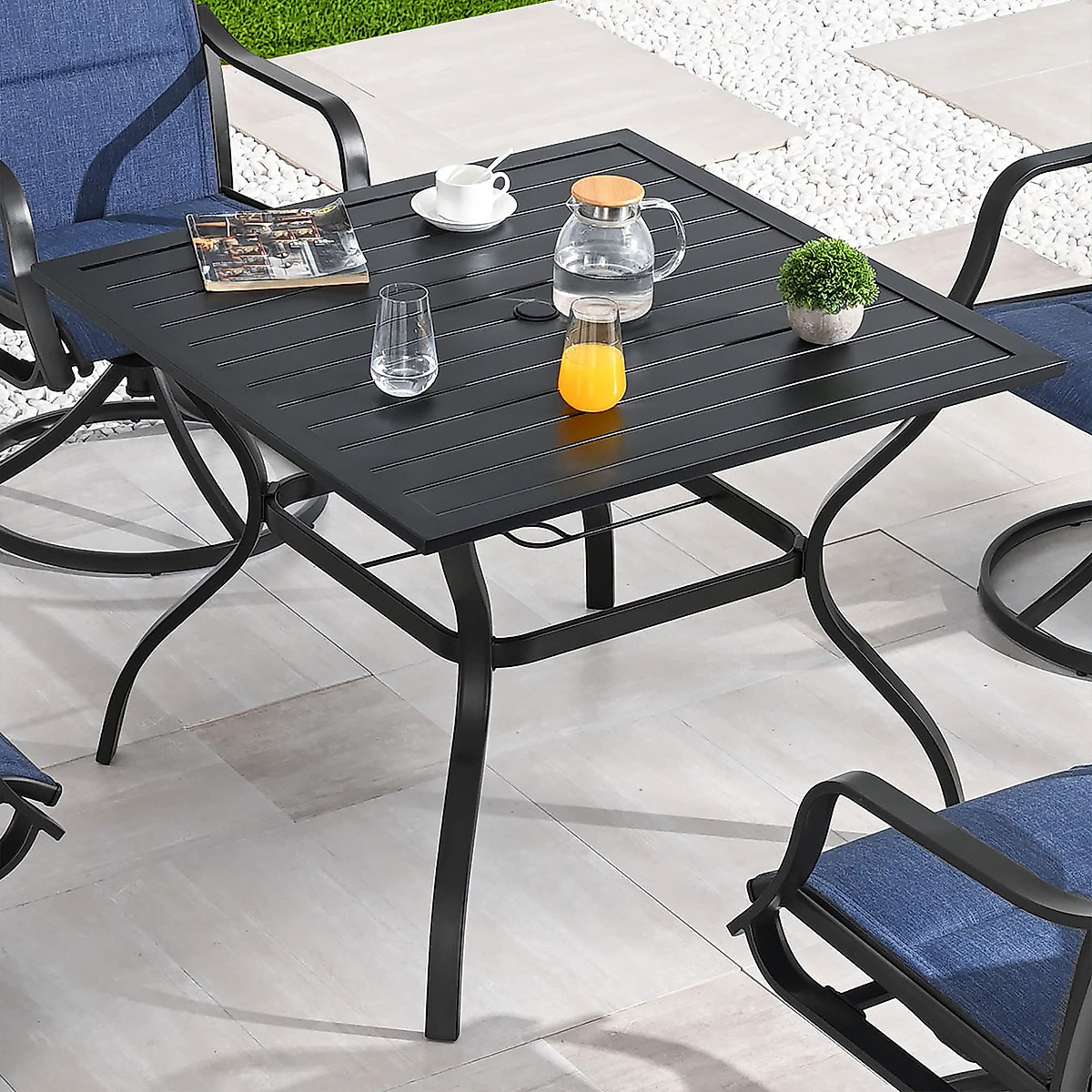 PatioFestival Patio Dining Set 5 Pieces Metal Frame Outdoor Furniture Sets Outside Swivel Rocker Chairs Suqare Table with All Weather Frame (Blue)