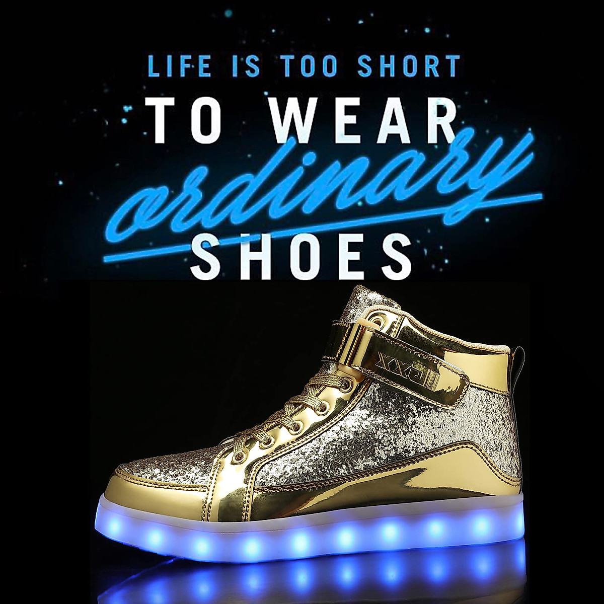 IGxx LED Light Up Shoes for Men USB Recharging High Top LED Sneakers Women Kids Glitter Gold