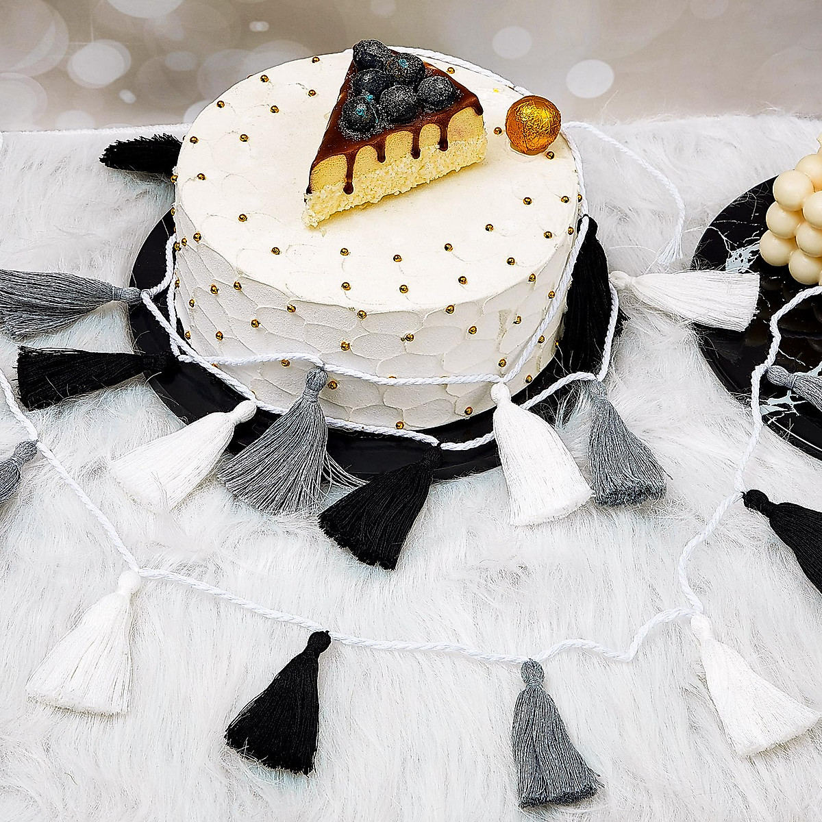 WILLBOND 4 Pieces Tassel Garland for Classroom Boho Pastel Garland Tassel Banners Decoration for Classroom School Supplies Decor Back to School(Black, White, Gray, 3.1 Inch)