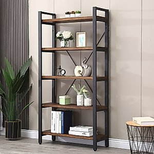 WH-AOERPUMY 5 Tier Bookcase, Solid Wood Bookshelf Rustic Vintage Industrial Etagere Bookcase, Metal and Wood Free Vintage Bookshelf, Retro Brown (Real Wood) (5-Tiers)