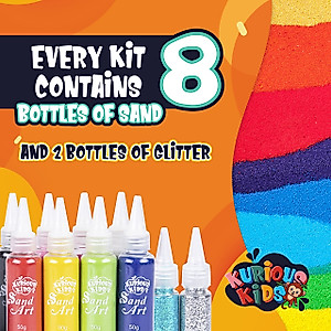 Sand Art Kit for Ages 3 to 10 - Everything Kids Need for Fun DIY Crafts - 16 Sand Peel&Sprinkle Pictures, 2 Sand Art Bottles, 8 Jars of Colored Sand, 2 Jars of Glitter, 1Tray, Funnel, Brush & Art Tool