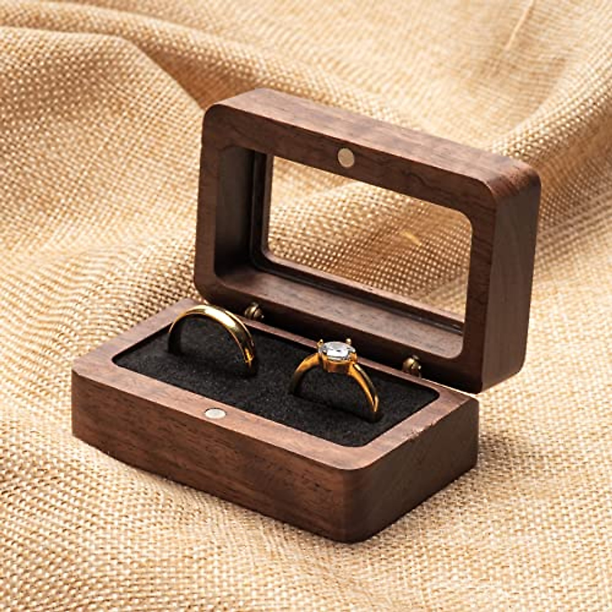 COSISO Wooden Wedding Double Ring Box For Proposal Engagement Marriage Birthday Gift Wedding Ceremony (Black Inner)