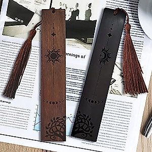 CRASPIRE Wood Bookmark 2 Colors Sun & Moon Engraved Book Mark Gifts Tree of Life Bookmarks with Tassel Pendant for Book Lovers Teacher Students