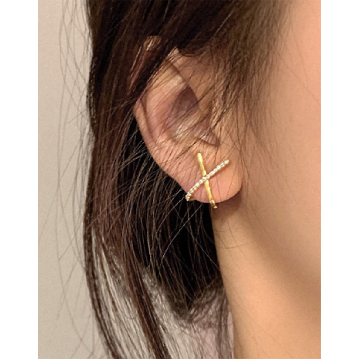 Ofeiyaa 6 Pairs Earrings Stud Claw Ear Cuff X-shaped Heart Snowflake Shiny CZ Trendy Minimalist Dainty Double Wrap Huggie Earrings for Women Gold Tone