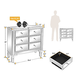 Bonnlo Mirrored Dresser 6 Mirrored Drawers, Mirrored Cabinet, Glass Mirror Dresser for Bedroom with 6 Storage Drawer Modern Chest of Drawers, Silver, 32”L x 12”W x 28”H