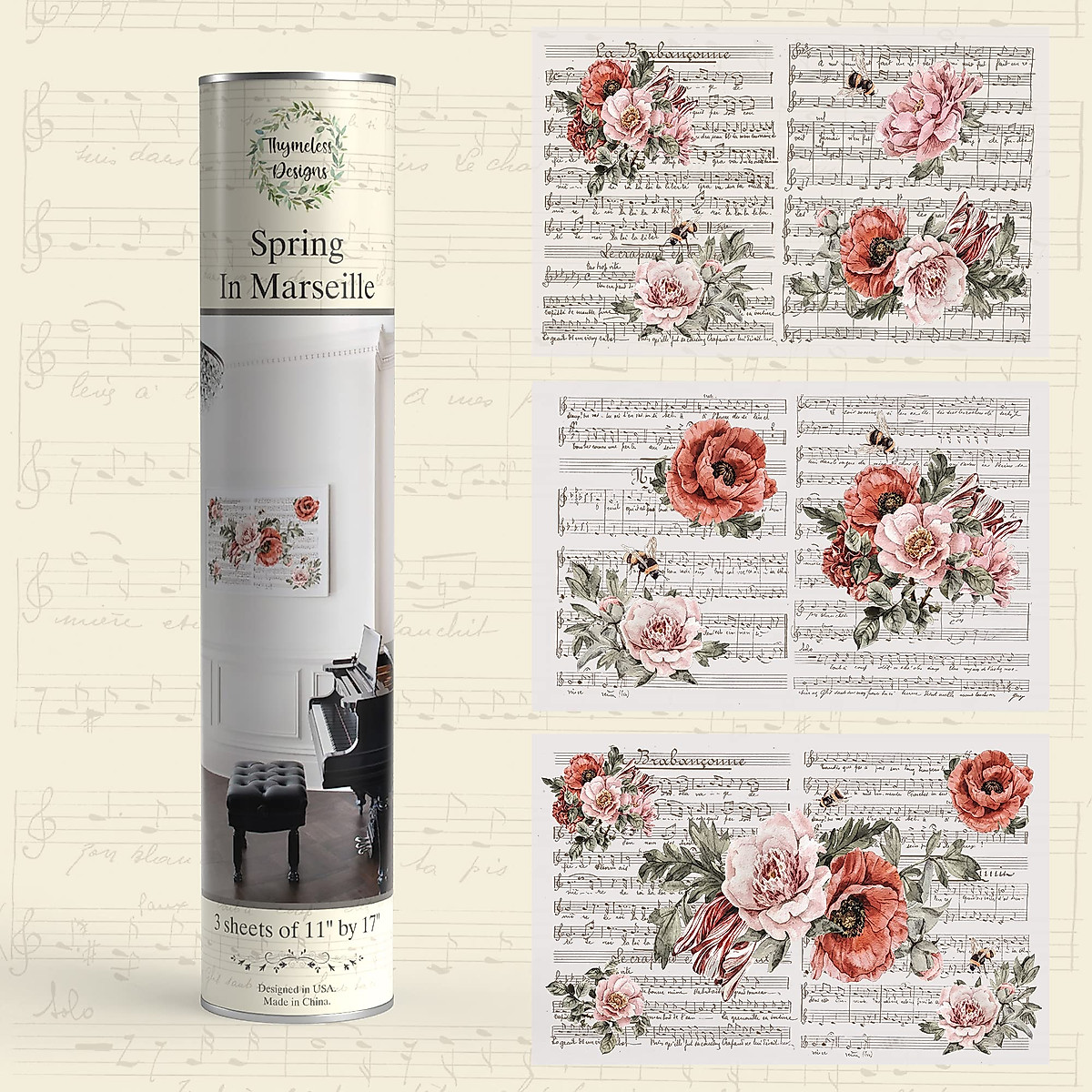 Rub on Transfers for Furniture and Crafts | 3 Design Sheets 11” x 17” Each | Home Décor Transfers | Furniture and Craft Decals | by Thymeless Designs (Spring in Marseille)