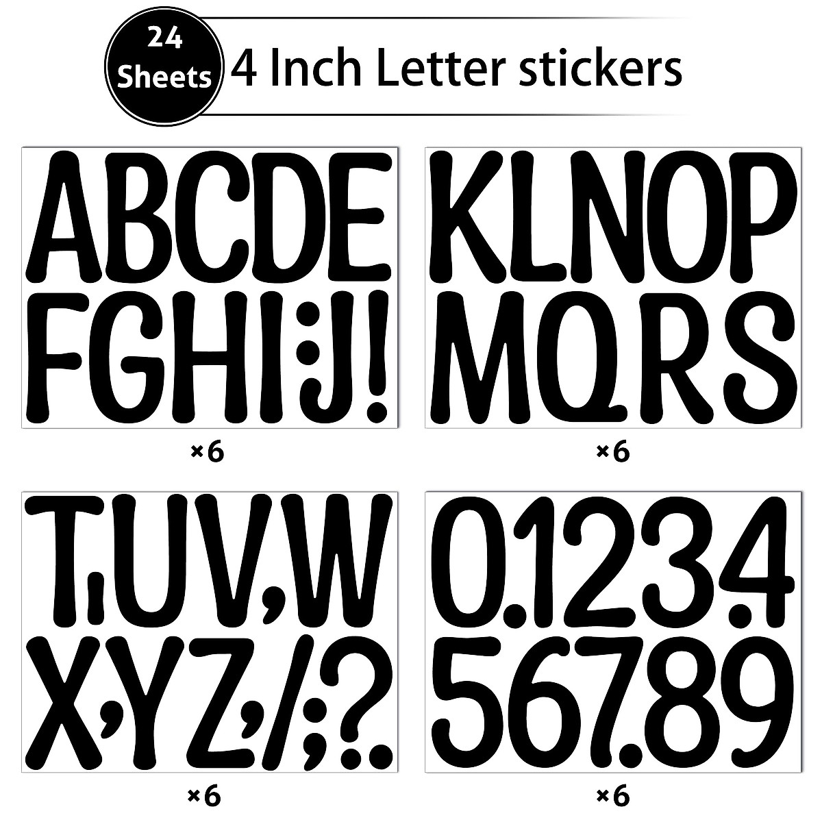 24 Sheets 1200 PCS Large Letter Stickers 4 Inch Alphabet Number Letter Stickers Vinyl Self Adhesive Stickers Letters for Poster Bulletin Boards Window Door Mailbox Crafts Classroom Home Decor (Black)