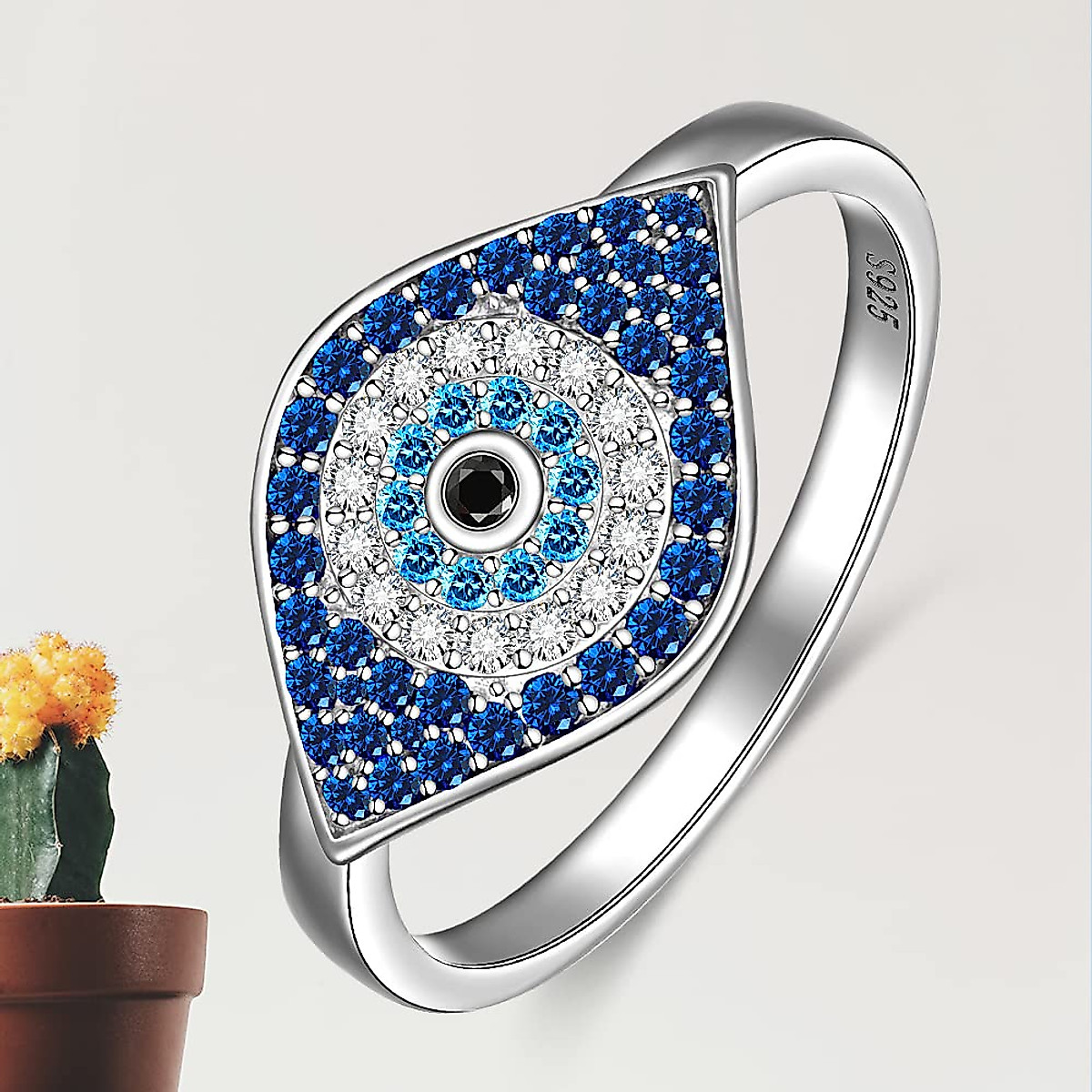 Greek Evil Eye Ring Sterling Silver Protection Spiritual Turkish Blue All Seeing Evil Eye Rings for Women Amulet Sapphire Jewelry Gift Size 9