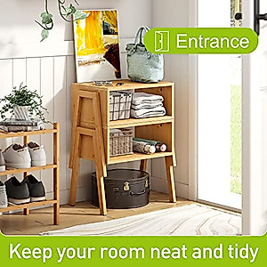 End Table Set of 2 Bamboo Stackable Bedside Table Living Room Nightstand 2-Tier Storage Shelf Wood Sofa Table for Small Space Bed Room Living Room