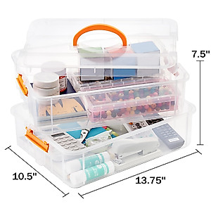 Yesland Large 2 Layer Stack & Carry Box,13.75 x 10 x 7.5 Inch Plastic Multipurpose Stackable Craft Storage Box Container with Orange Handle, Portable Organizer Box for Stationery, Sewing, Art Craft