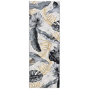 SAFAVIEH Barbados Collection Runner Rug - 2'8" x 8', Grey & Gold, Tropical Botanical Design, Non-Shedding & Easy Care, Indoor/Outdoor & Washable-Ideal for Patio, Backyard, Mudroom (BAR524F)