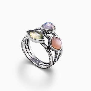 Joolala Stacked Stones 925 Sterling Silver Women’s Ring with Prehnite, Moonstone and Pink Moonstone Design – Gorgeous Oxidized Finish – Ideal Promise Ring, Engagement, Anniversary. (6)