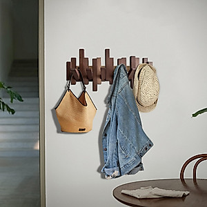 NZUSHUH Natural Wood Wall Mounted Piano Coat Rack, Wall Mounted Coat Rack, Flip Down Wall Hook Rack 6 Hooks for Wall Art, Umbrella, Coats, Keys, Robe