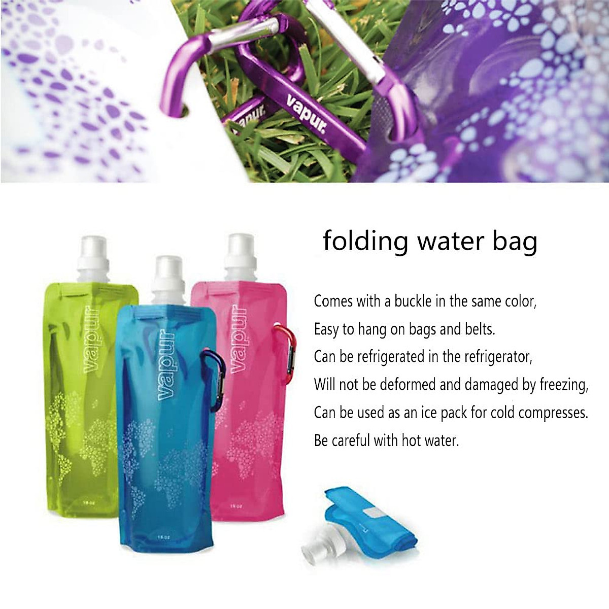 TOPYUEYILIYI 4pcs Foldable Sports Bottle Plastic Water Bag 500ml Collapsible Drink Pouches Bags with Clip Reusable Foldable Plastic Water Bag for Outdoor Sports Biking Hiking Trave