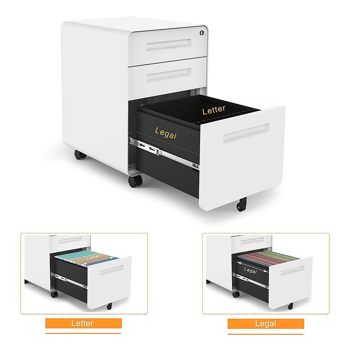 Bonnlo 23.8" H 3 Drawer Rolling File Cabinet with Lock, Mobile File Cabinet Under Desk with Pencil Tray, White Locking File Cabinet for Home Office, Metal Filing Cabinet Printer Stand Fully Assembled