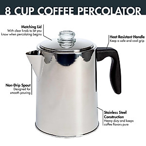 Primula Stovetop Coffee Percolator, Premium Stainless Steel Coffee Maker with Reusable Filter Basket, Non-Drip Spout, Glass Knob Brew Indicator and Heat Resistant Handle, Dishwasher Safe, 8 Cup
