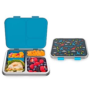 Bentgo® Kids Stainless Steel Prints Leak-Resistant Lunch Box - New Improved 2022 Bento-Style with Updated Latches, 3 Compartments & Bonus Container - Eco-Friendly, Dishwasher Safe, BPA-Free (Dinosaur)