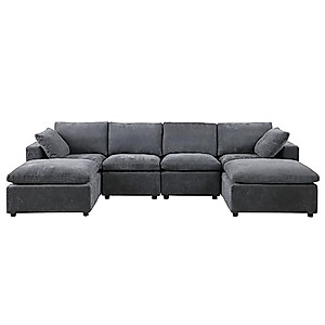 U-Shaped Chenille Upholstered Modular Sectional Sofa Oversized Deep Seat Reversible Chaises Cloud Couch Convertible Living Room Sleeper Sofabed with Movable Ottomans for Home, Apartment