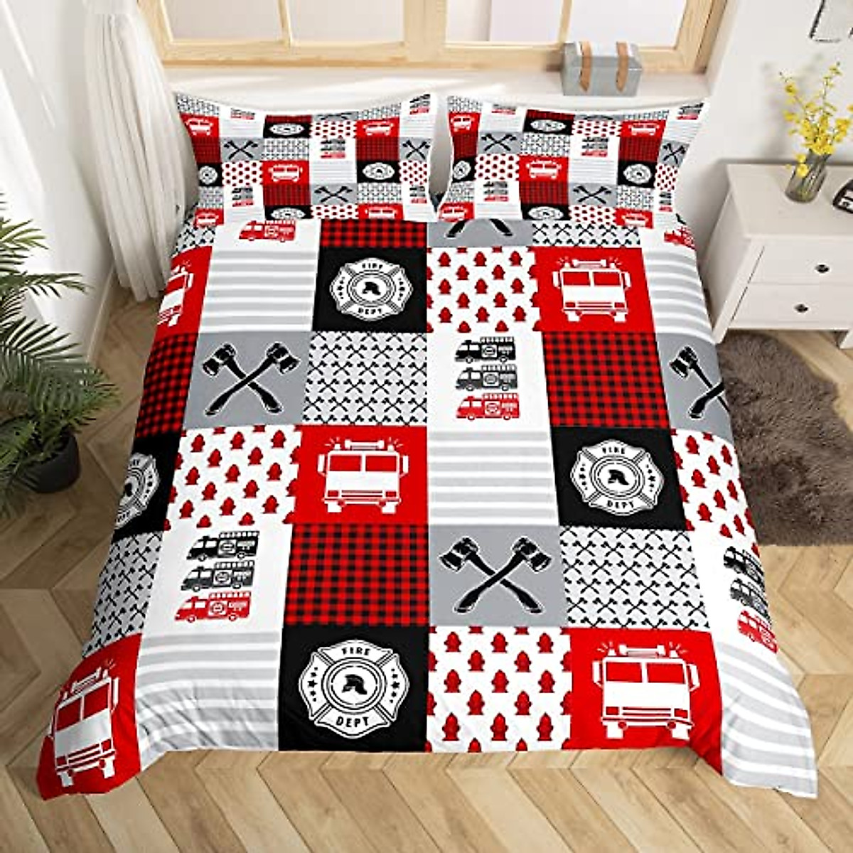 5Pcs Red Fire Truck Car Duvet Cover Set Queen Size & Curtain Set: 1 Duvet Cover + 2 Pillowcase + 2 Panels of 42 W x 63 L inch Each
