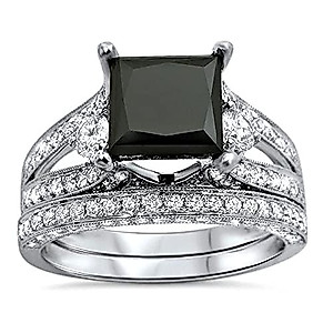3 Ct Princess Cut Black & White Diamond Vintage Engagement Ring Bridal Wedding Set 14k White Gold Plated 925 Sterling SIlver9
