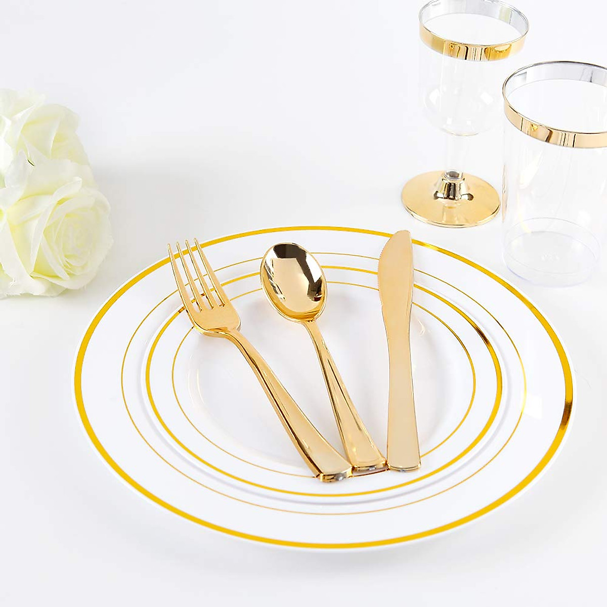 supernal 60pcs Gold Plastic Dinnerware,Gold Plastic Plates with Gold Plastic Silverware,Gold Plastic Party Plates,Gold Plastic Cutlery Service for 12 Guests,Perfect for Thanksgiving,Christmas,Party
