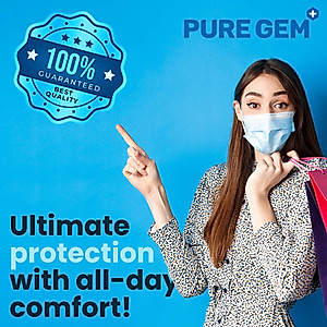 PURE GEM [Pack of 100] Single Use Disposable Blue Face Mask, Soft on Skin, Pack of 3-Ply Masks Facial Cover with Elastic Earloops Great For Home, Office, School, and Outdoors