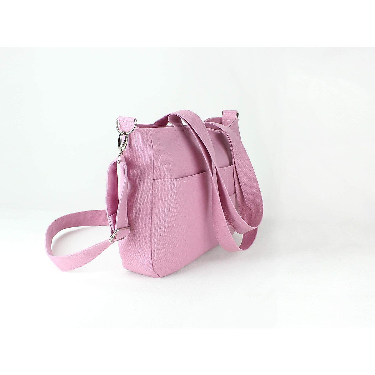 Multiple Pockets Canvas Shoulder Tote Bag for Women Crossbody Detachable Strap Zipper Closure Candy Pink