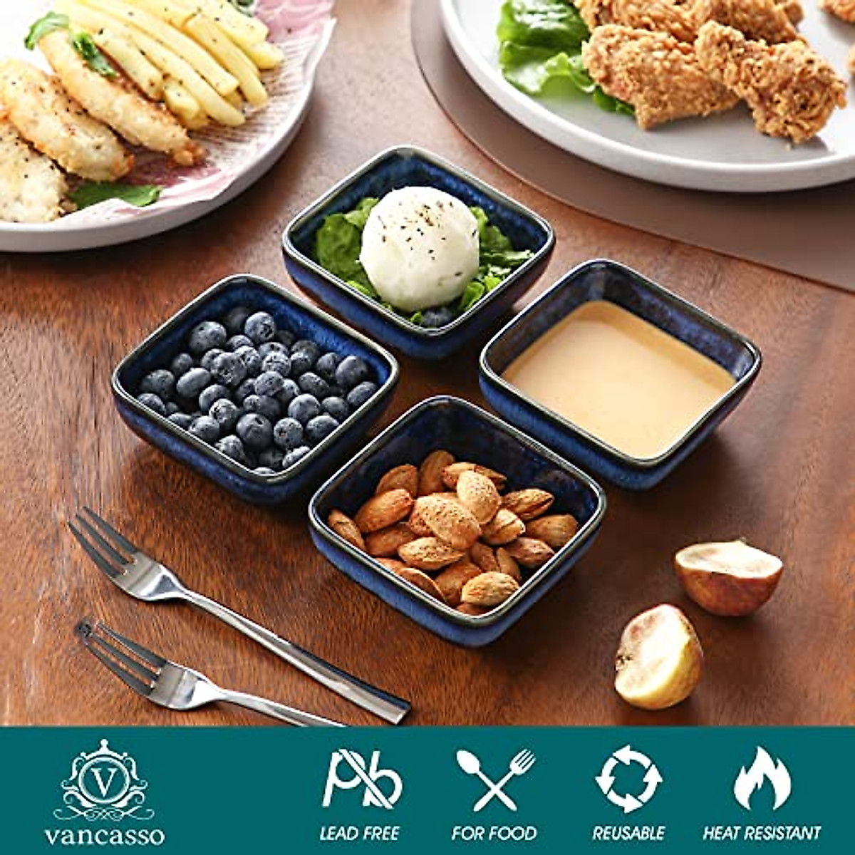 vancasso Stern 6 Oz Dipping Bowls, 3.7 Inches Ceramic Soy Sauce Dish, Square Side Dishes, Small Appetizer Plates Set of 4