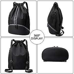 Valleycomfy Sports Drawstring Backpack - Water Resistant String Bag with Side Mesh Pockets Shoe Compartment Gym Backpack for Women & Men Black