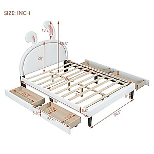 HBRR Wooden Bed Frame Full Size with 4 Storage Drawers and Bunny Ears Headboard, Upholstered Platform Bed with Storage for Kids Teens Boys & Girls, No Box Spring Needed, White