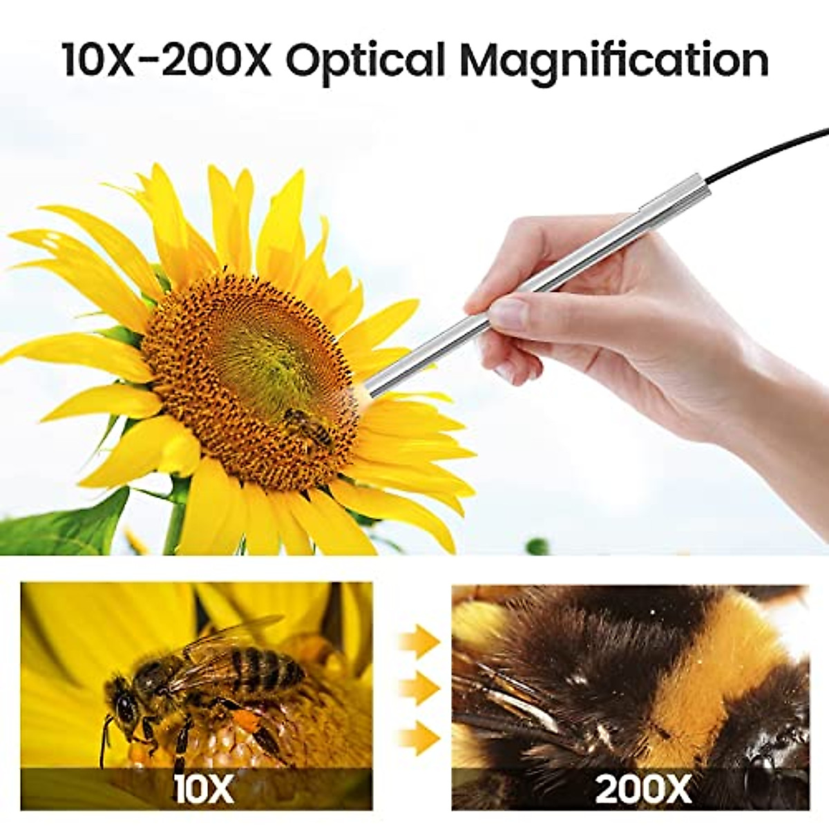 USB Digital Microscope, Teslong 10X to 200X Magnification Camera with Stand, Portable Handheld Electronic Coin Magnifier, Soldering Camera Ear Otoscope