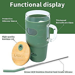 LAOION 32 OZ Glass Tumbler with Handle, Glass Water Bottles with Leakproof Bamboo Lid and Straw, Iced Coffee Cup with Silicone Sleeve and Time Marker, Fits in Cup Holder Spill Proof BPA Free,Sage