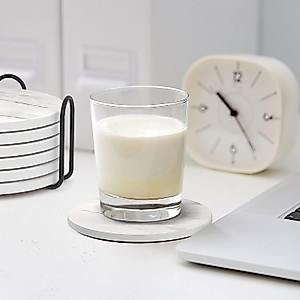 BUYAOBL Absorbent Coasters with Holder, Absorbent Coasters Set 6 Pcs, White Marble Ceramic Agate Drink Coaster Cork Base Cup Coaster for Coffee Table, Housewarming Gift for Women, 4 Inches