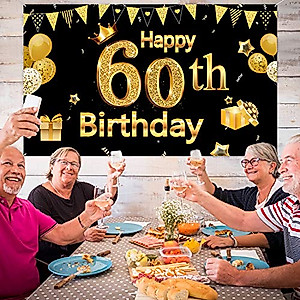 60th Birthday Banner for Men Women, 60th Party Decoration Supplies Backdrop Large Black Gold Sign Poster Photo Booth Background Decor Indoor Outdoor, 72.8 x 43.3 Inch