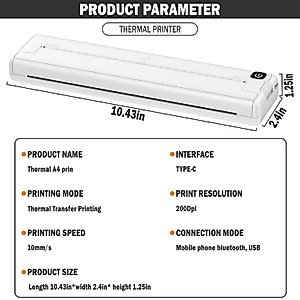 Darkant Portable Thermal Printer Wireless for Travel, Inkless Compact Printer, Small Bluetooth Thermal Mobile Printer Compatible with Android iOS Phones & Thermal A4 Paper (210 x 297mm)