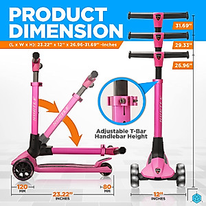 Hurtle 3 Wheeled Scooter for Kids - Foldable Stand Child Toddlers Toy Kick Scooters w/Built-in LED Wheel Lights, Anti-Slip Wide Deck, Adjustable Height, Great for Outdoor Fun -, Pink